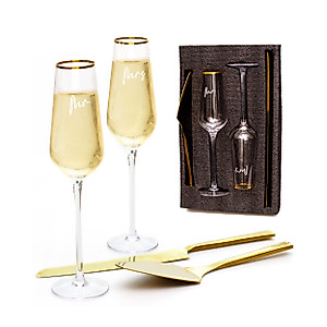 J&A Homes Gold Wedding Cake Knife Server Set and Toasting Flutes - Reception Bride Groom Wedding Party Champagne Glasses Pie Cake Cutting Engagement Gift