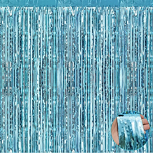 HalloweenDecorate 4 Pack Light Blue Foil Fringe Curtain Backdrop, 3.28Ftx8.2Ft Metallic Tinsel Streamer Curtains for Party, Photo Booth Props, Birthday, 2022 Graduation Decoration Party Supplies