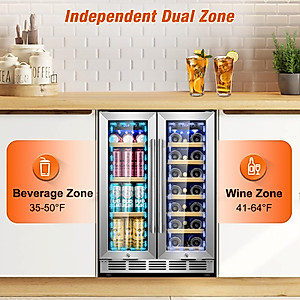 turephe Wine and Beverage Refrigerator, 24Inch Beverage Cooler Dual Zone with Glass Door, Built-in/Freestanding Beverage Fridge with Upgraded 20 Bottles and 60 Cans Large Capacity