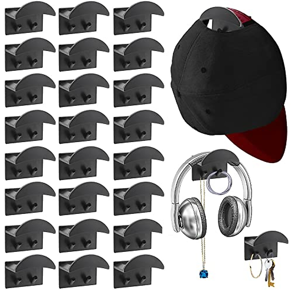 Meltset Adhesive Hat Hooks for Wall Hat Holder Organizer for Baseball Caps 24 Pack Hat Rack No Drilling Multi Purpose Strong Hold Hat Hangers for Door Closet Office Bedroom (Black)