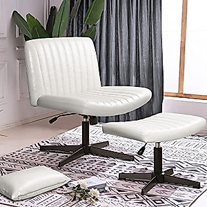 PUKAMI Armless Desk Chair No Wheels with Ottoman&Lumbar Support,PU Leather Padded Modern Swivel Home Office Chair,Height Adjustable Wide Seat Cross Legged Computer Task Chair for Living Room(White)