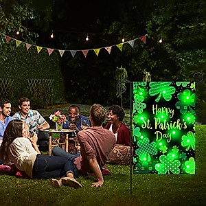 St Patrick's Day Garden Flag with Green Led Lights Good Shamrock Luck Truck Gnome 12 X 18 Inch Double Sided Garden Flag Durable Burlap Shamrock Garden Flag for Lawn Party Outdoor Decorations (Shamrock)