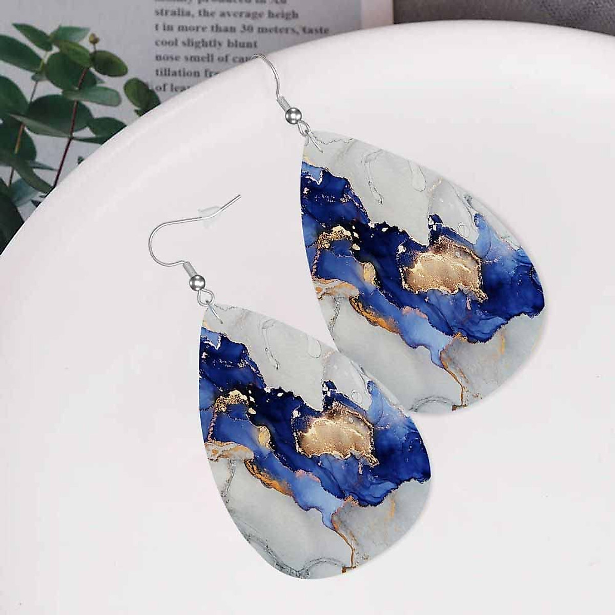 Blue and Gold Marble Earrings for Women Liquid Alcohol Ink Fluid Teardrop Dangle Faux Leather Earrings Holiday Earrings for