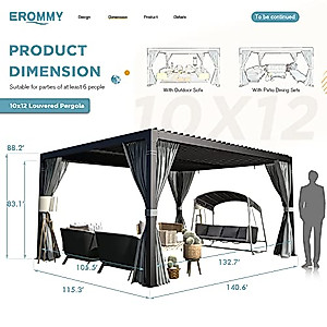 EROMMY 10' x 12' Outdoor Louvered Pergola, Patio Hardtop Gazebo, Sun Shade Shelter, Adjustable Metal Roof Hardtop Gazebo for Deck Patio Garden Yard, Curtains and Netting Included, Black