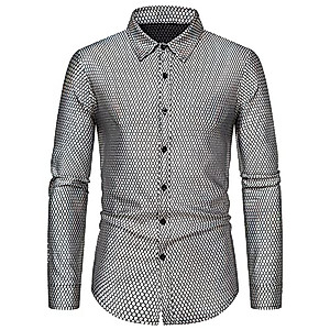 Maiyifu-GJ Men's Disco Shiny Dress Shirt Long Sleeve Button Down Nightclub Party Shirts Luxury Printed Slim Fit Prom Shirt (Silver,XX-Large)
