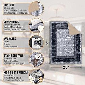 Ottomanson Ottohome Non-Slip Rubberback Bordered Design 2x3 Indoor Area Rug/Entryway Mat, 2'3" x 3', Gray/Navy