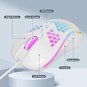 MELOGAGA Honeycomb Wired Gaming Mouse, USB/USB-C PC Game Mice with RGB Backlight, 6 Programmable Buttons, 6 Adjustable DPI Up to 7200 for Windows/PC/Mac/Laptop Gamer -White