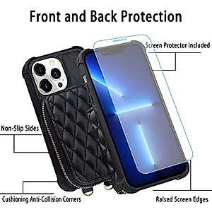 MONASAY Zipper Wallet Case for iPhone 13 Pro Max ,[Glass Screen Protector ][RFID Blocking]Flip Leather Handbag Phone Cover with Card Holder & Crossbody Lanyard Strap for Apple iPhone 13 Pro Max 6.7"