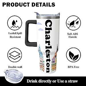 Vehcimbev City Themed Tumbler - 40oz With Hanld Stainless Steel Travel Coffee Mug with Leak Proof Lid - Hot/Cold Drinks,Perfect Charleston Souvenir Gift (Charleston)