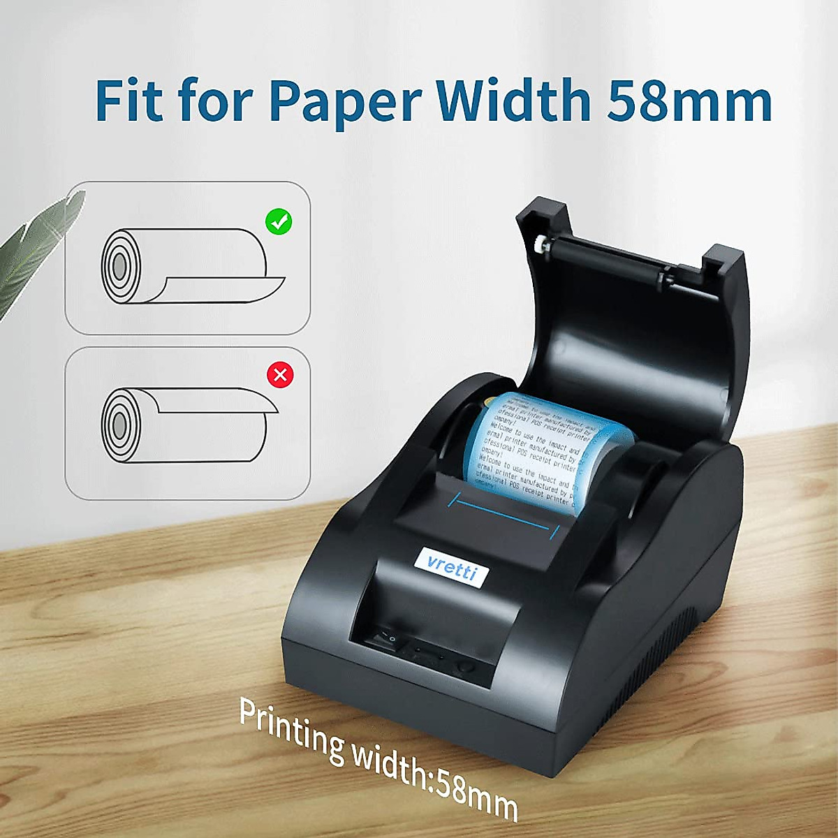 vretti Thermal Receipt Printer, 58mm Small USB Thermal Printer with High-Speed Printing Support to ESC/POS/Window and Mac System, Portable Restaurant Kitchen Printer for Cash Register