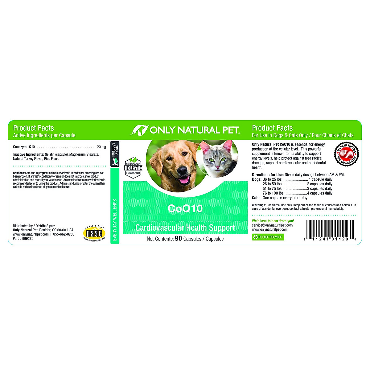 Only Natural Pet CoQ10 for Dogs & Cats, Heart and Cardiovascular Health Support, Coenzyme Q10 Ubiquinone - 90 Capsules