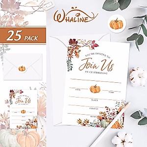 Whaline Fall Invitations 25 Sets Autumn Leaves Pumpkin Invitation Cards with Envelopes Stickers Rustic Harvest Blank Invites for Thanksgiving Wedding Birthday Baby Shower, 5 x 7 Inch