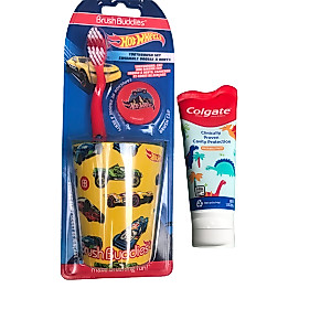 Kids Soft Bristles Toothbrush Set,Cap, Rinsing Cup Decorated with Race Cars, Easy to Grip, Kids Toothpaste (Bonus Included)