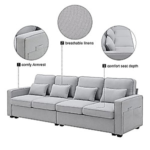 GLORHOME Modern Linen Fabric Sofa with Armrest Pockets and 4 Pillows-Minimalist Style 4-Seater Couch for Living Room, Apartment, Office-104, Light Grey