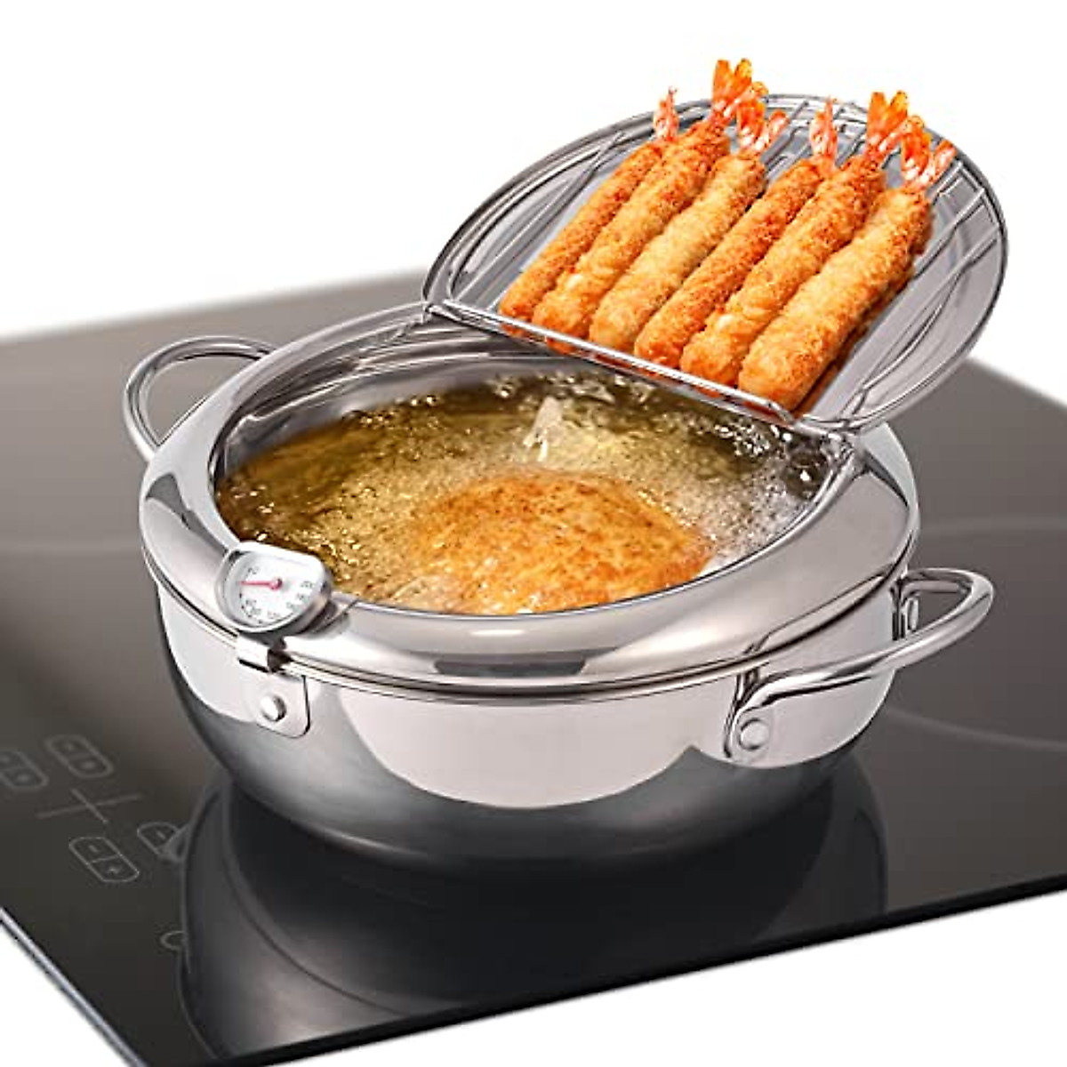 deep Fryer Pot,304 Stainless Steel with Temperature Control and Lid Japanese Style Tempura Fryer Pan Uncoated Fryer Diameter: 9.4"