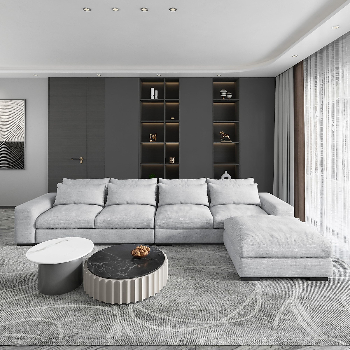 JACH 150in Couch, Feather Filled Wide Reversible Sofa Chaise, L Shaped Sofa Couch Set with Ottoman Modular Sectional Sofa for Living Room, Apartment, Home, Hotel (Light Grey)