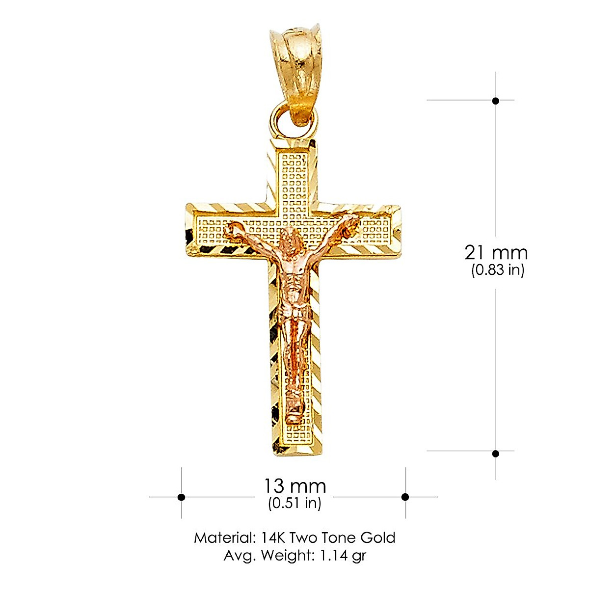 14K Two Tone Gold Jesus Crucifix Cross Charm Pendant with 0.9mm Wheat Chain Necklace - 24"