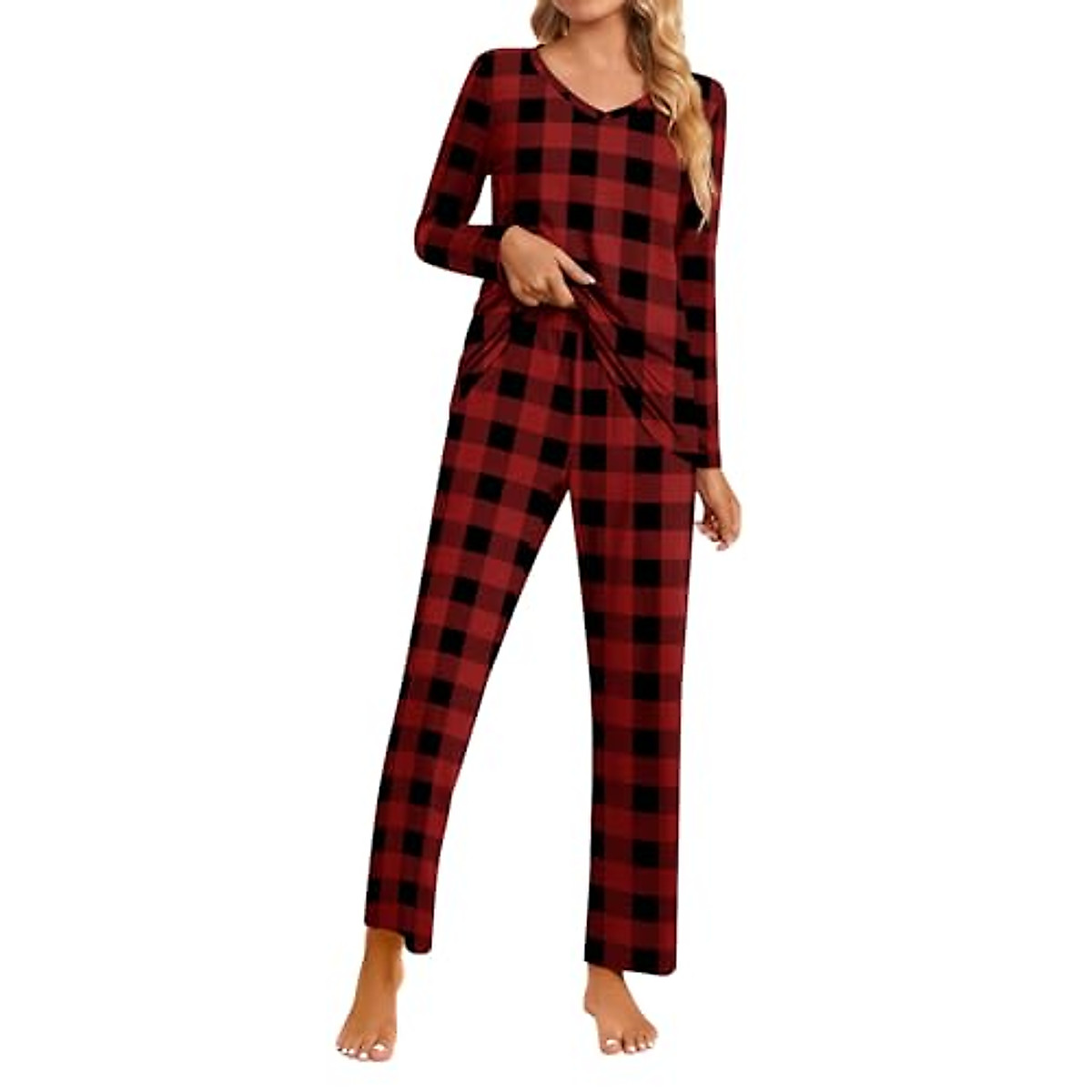 syoss Women's Pajama Sets Long Sleeve Sleepwear Soft Comfy Pj Lounge Sets XL, Red Checker