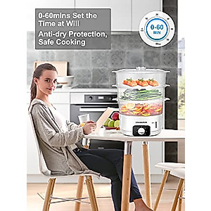 Cozeemax 3 Tier Electric Food Steamer for Cooking, 13.7QT Vegetable Steamer for Fast Simultaneous Cooking, Veggie Steamer, Food Steam Cooker, 60 Minute Timer, BPA Free Baskets, 800W(White)