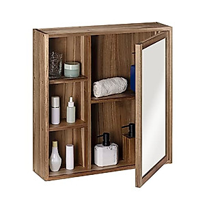 Navaris Wooden Bathroom Cabinet - Acacia Wood Cupboard with Mirror & Shelves - Wall Mounted Storage Unit for Bath Room or Restroom - 23.8"x23.6"x5.5"