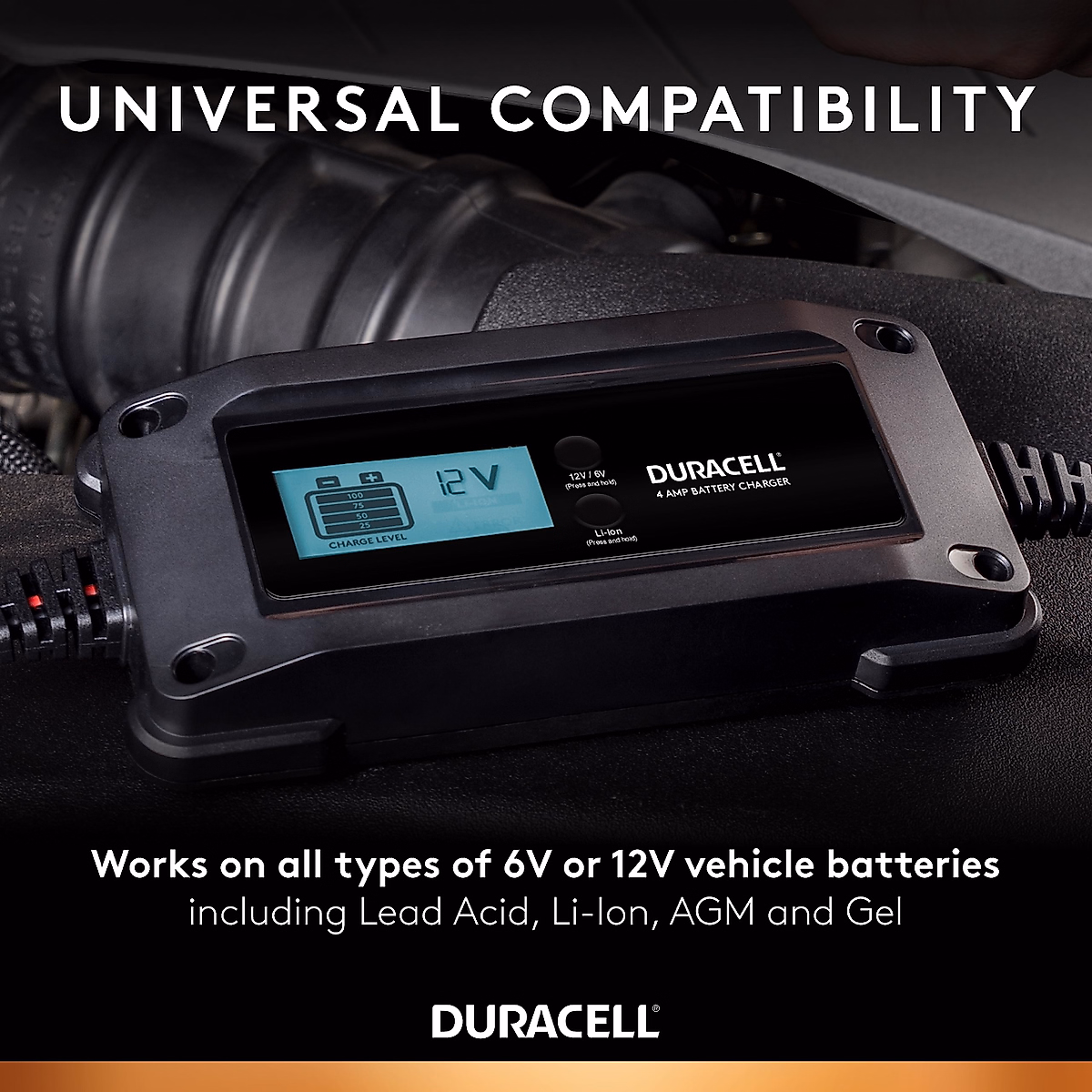 Duracell DRMC4A 4 Amp Battery Charger Maintainer with LCD Display for 6V, 12V, Lithium Ion Battery