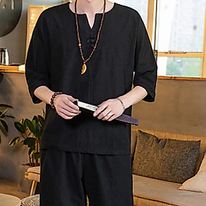 Mens 2 Pieces Big and Tall Summer Cotton Linen Set Short Sleeve Henley Shirt and Casual 3/4 Shorts Yoga Outfits with Pockets Black