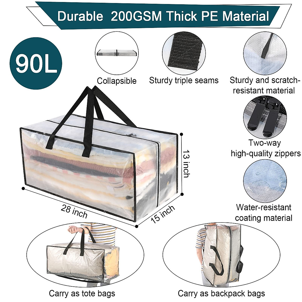 Rihim Moving Bags 90L - 4 Clear Heavy Duty Extra Large Storage Bags for Clothes - Packing Bags with Backpack Straps Strong Handles Zippers - College Travelling Christmas Storage Moving Totes