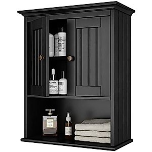 Treocho Wood Wall Cabinet Bathroom Medicine Cabinet Storage with Doors and Adjustable Shelf Wall Mount for Bathroom, Livingroom, Kitchen, Cupboard, Black