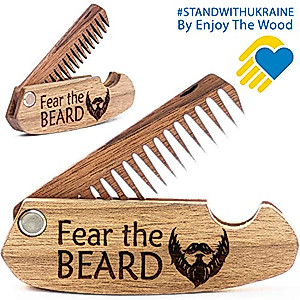 Wooden Beard Comb for Men Folding Pocket Comb for Moustache Beard & Hair Walnut Combs with the Engraving (Fear The Beard)