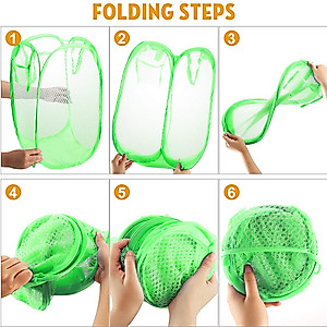 3PCS Mesh Laundry Pop-Up Hampers ，Foldable Clothes Washing Laundry Basket Bins ，Handles Kids’ Garments Hamper， for Storage Room ，Kids Toys， College Dorm ，Home Organization Travel Use (Green)