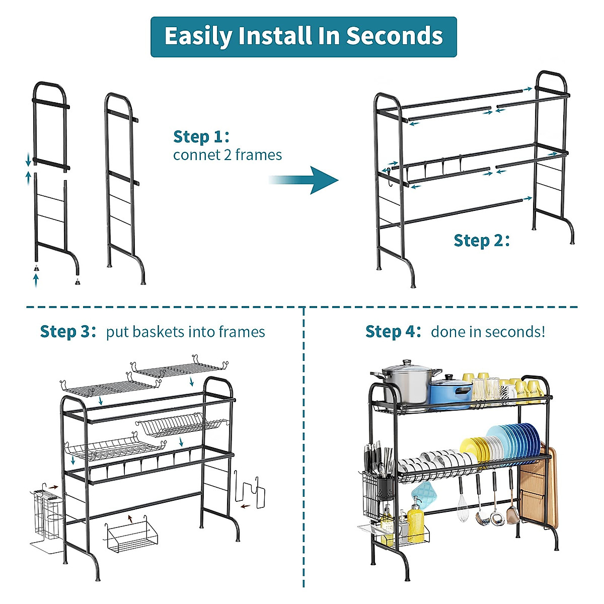 HOWDIA Over The Sink Dish Drying Rack, 2-Tier Stainless Steel Large Over The Sink Dish Rack with Utensil Holder Dish Drainers for Kitchen Counter
