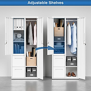 PEUKC Metal Storage Cabinets with Locking Doors, 67" Freestanding Clothing Coat Storage Wardrobe Lockers for Office, Home, School, Garage, Gym (White)