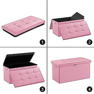 ENGPOW Storage Ottoman Bench,Fireproof Folding Storage Bench with Lock,30 Inches Fire＆Water Resistant Storage Chest Foot Rest Stool Leather Bedroom Bench with Storage Safe for Document,Valuables,Pink