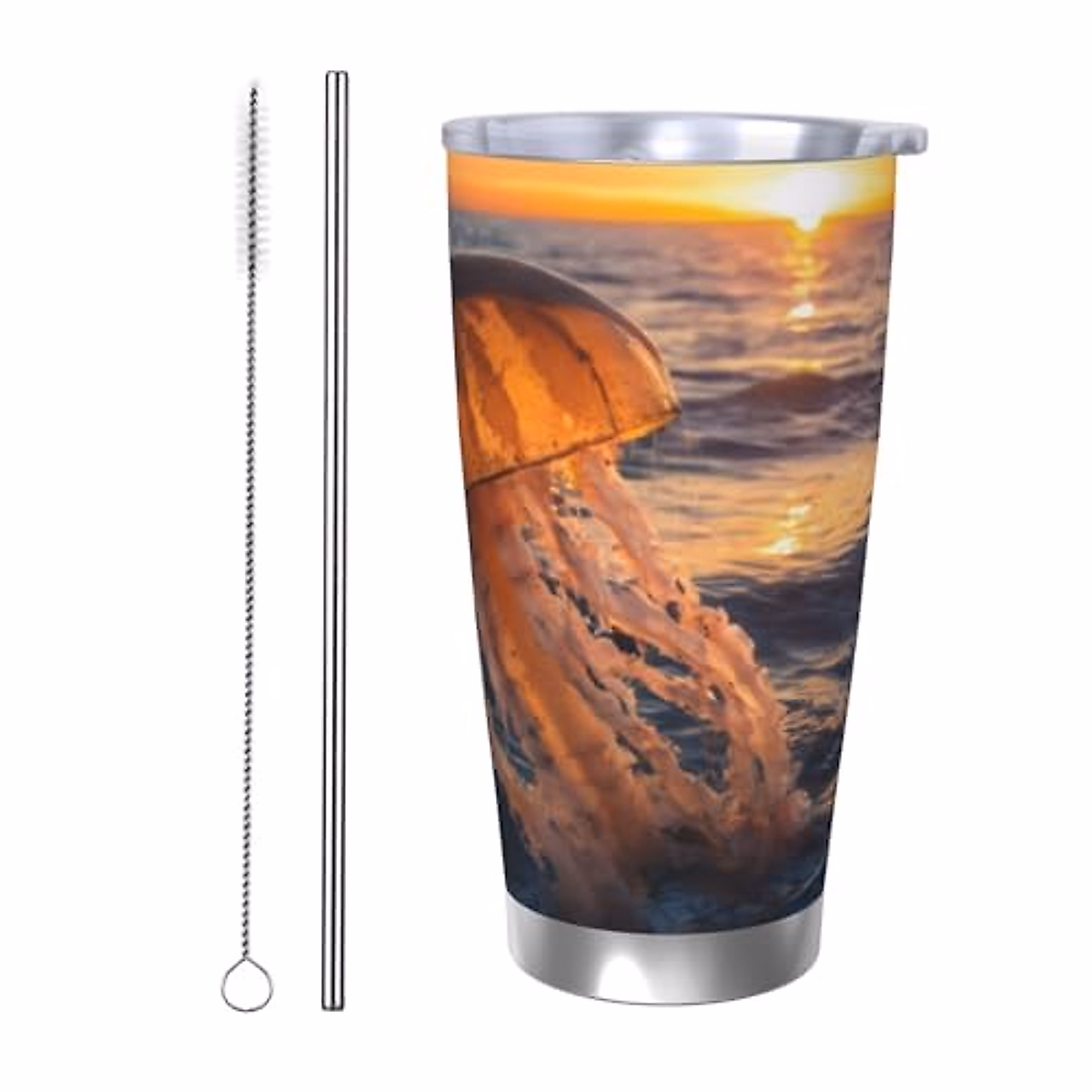NHJKLWQSZ Jellyfish 20oz Stainless Steel Tumbler With Lid And Straw, Double Wall Vacuum Insulated Coffee Mug Travel Cups Leak-Proof Lid For Hot And Cold Drinks, Metal Straws And Brush