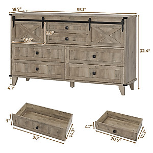 Hasuit Farmhouse 6 Drawers Dresser for Bedroom, Retro Chest of Drawers with Sliding Barn Door, Bedroom Long Storage Dressers Organizer, Rustic Oak