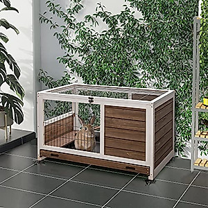 PawHut Wooden Indoor Rabbit Hutch Elevated Cage Habitat with No Leak Tray Enclosed Run with Wheels, Ideal for Rabbits and Guinea Pigs, Brown
