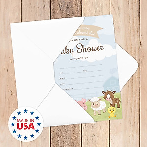 Barnyard Baby Shower Invites / 25 Cards With White Envelopes / 5" x 7" Farm Animal Invitations/Fill In Gender Neutral Country Baby Cards/Made In The USA