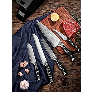 Knipan Knife Set with Block, Damascus Steel Kitchen Knives 7 Piece, Ultra Sharp AUS-10 Japanese Steel Knife Block Sets with Full Tang Handle, Black