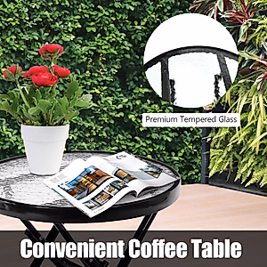 Tangkula 3 Pieces Folding Bistro Set, Outdoor Rocking Chairs with Round Table Set, Foldable Chairs & Glass Top Coffee Table, Patio Folding Furniture Set for Backyard, Garden, Poolside, Porch (Red)