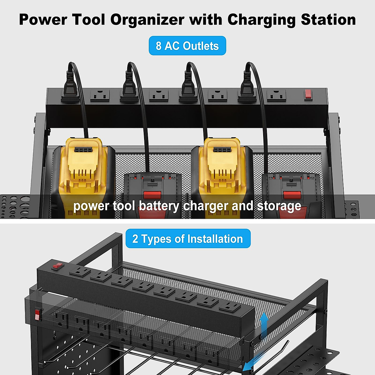 JUNNUJ Power Tool Organizer Floor Stand with Charging Station, Garage Adjustable Storage Rack Utility Tool Shelf with 8 Outlet Power Strip, Heavy Duty Drill and Battery Holder, Black