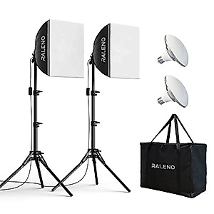 RALENO® Softbox Lighting Kit, 2 x 16'' x 16'' Photography Studio Equipments with 50W / 5500K / 90 CRI LED Bulbs, Continuous Lighting System for Video Recording and Photography Shooting