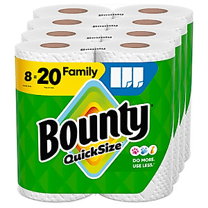 Bounty Quick Size Paper Towels, White, 8 Family Rolls = 20 Regular Rolls (Packaging May Vary)