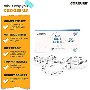 CORRURE Baby Closet Size Dividers - Complete Set of 12 Closet Dividers for Baby Clothes from Newborn to 24 Months - Best Nursery Closet Hanger Organizer for Baby Boy or Girl - Ideal Baby Gift (White)