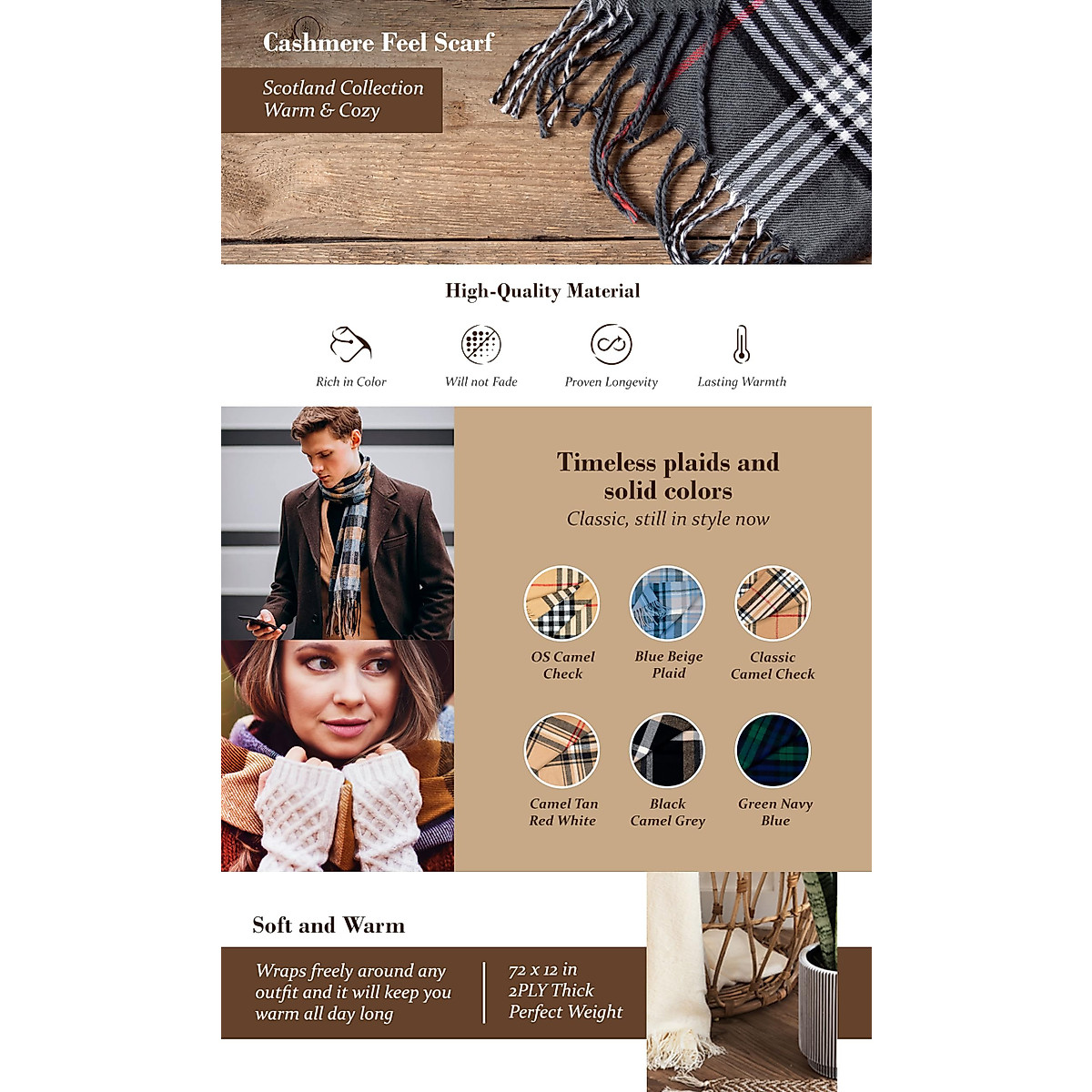 ScarfDeals - Cashmere Wool Feel Scarf Warm Soft Lightweight Scottish Scotland Nova Check Tartan Plaid Gift For Men Women Kids (Camel tan beige Classic BB Vintage Tartan Z3)