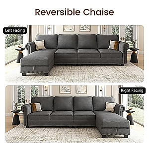 Nolany Convertible Sectional Sofa L-Shape Sectional Couch with Reversible Chaise 4 Seat Sectional Sofa Couch for Small Space Dark Grey