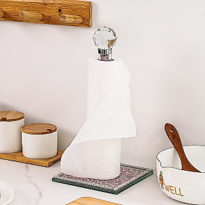 Hochance Pink Crystal Standing Paper Towel Roll Holder Countertop Weighted Rack,Glam Cute Bling Rhinestone Jeweled Diamonds Modern Decoration Christmas Housewarming Gifts for Kitchen Home Bar