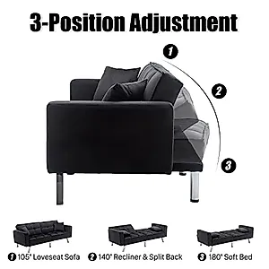 civama Futon Sofa Bed, 74" Modern Velvet Convertible Folding Lounge Couch, Upholstered Twin Size Sleeper Sofa with Arm 2 Pillows Split Back Design and Silver Metal Legs for Compact Space, Black