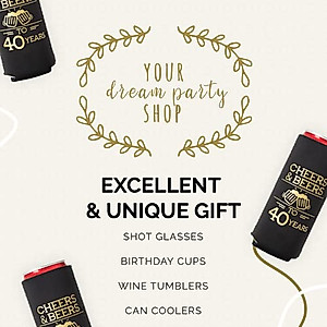 Cheers & Beers to 40 Years Slim Can Coolers, 40th Birthday Party Coolies, Set of 12, Black and Gold Thirtieth Birthday Cup Coolers, Perfect for Birthday Parties, Birthday Decorations