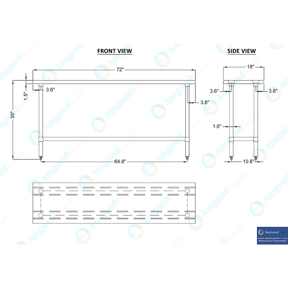 AmGood Stainless Steel Work Table with Undershelf | Food Prep NSF | Utility Work Station | (72" Length X 18" Width)