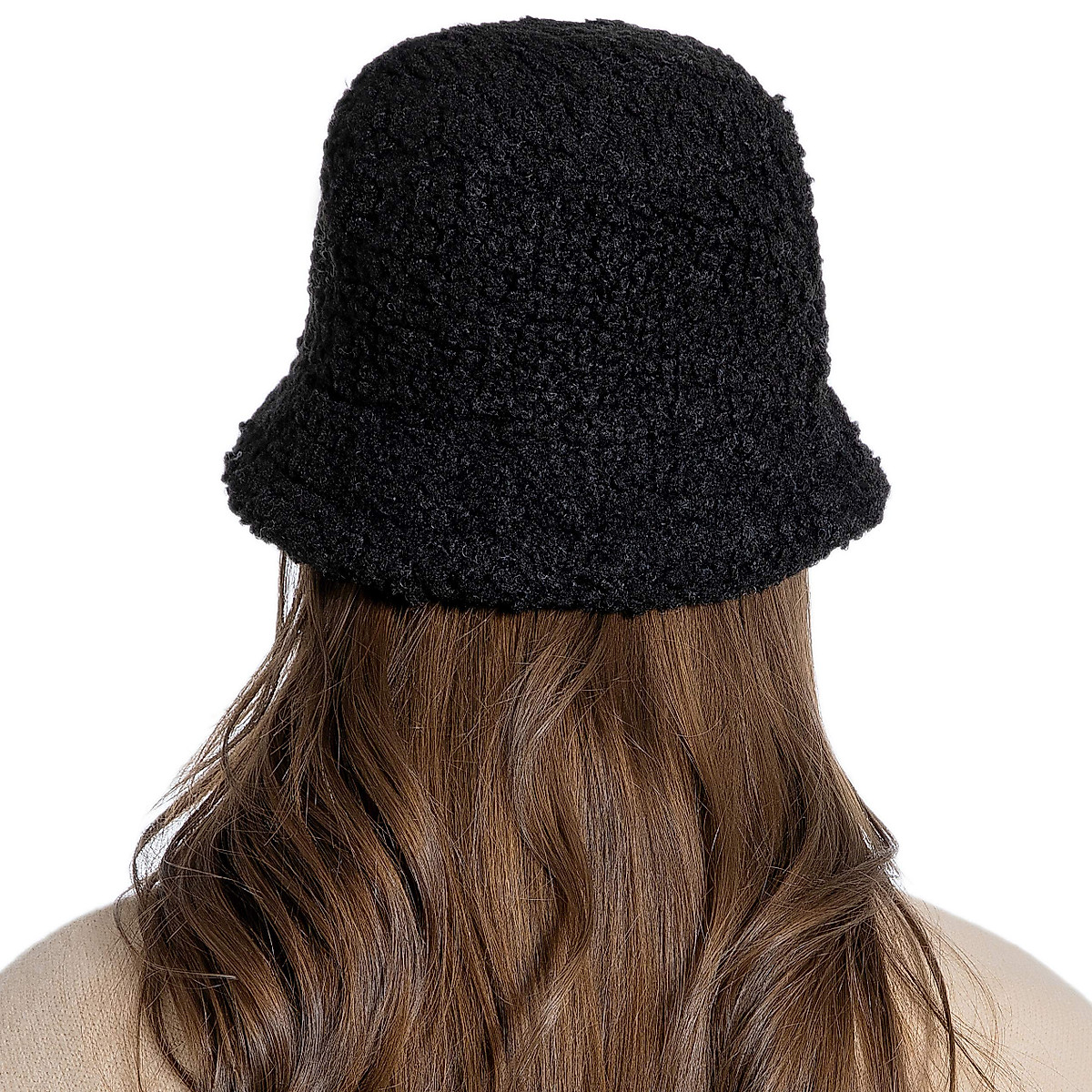 Womens Winter Bucket Hat Vintage Cloche Hats Warm Faux Fur Wool Outdoor Packable Fisherman Cap Black